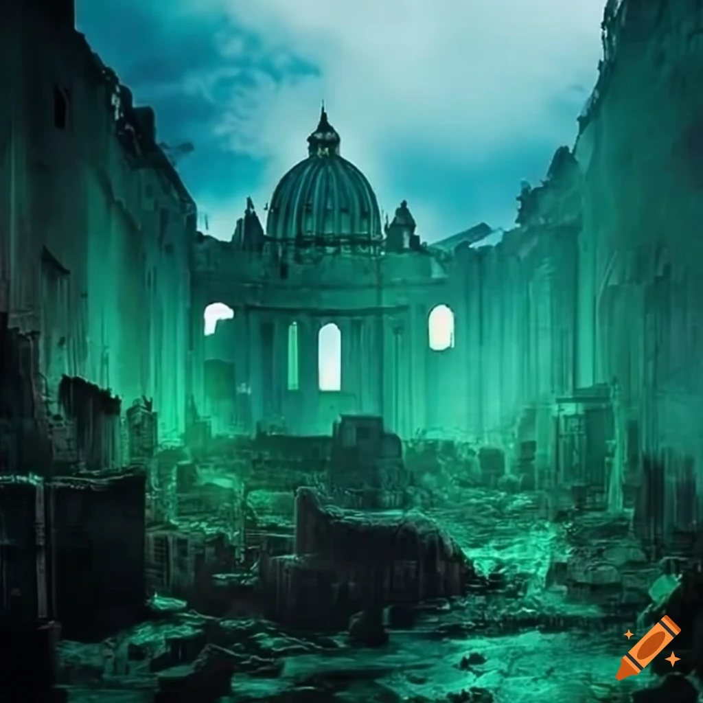 Ruins of post-apocalyptic st. peter's basilica with flowing glowing ...