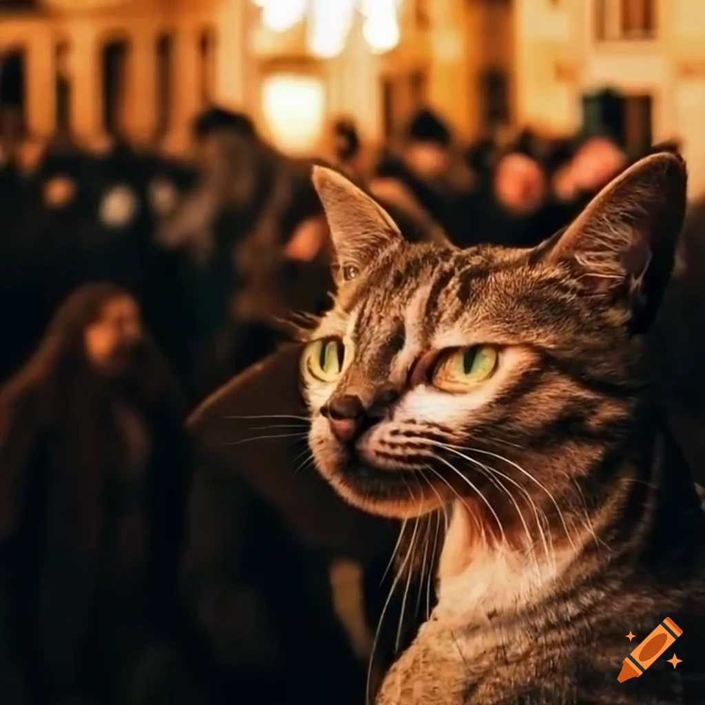 Crowd of cat-faced people celebrating in the center of Vilnius on Craiyon