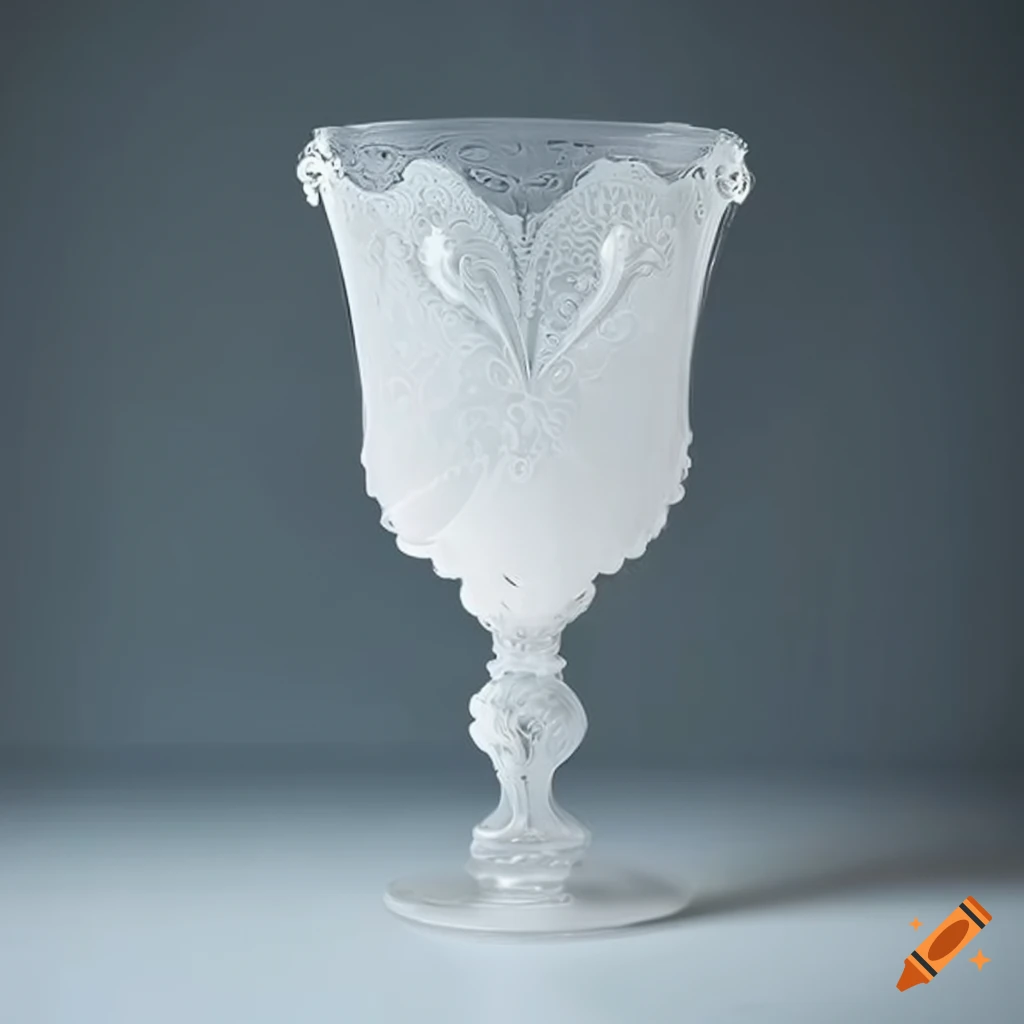 Milky white frosted glass goblet with ornate baroque design on Craiyon