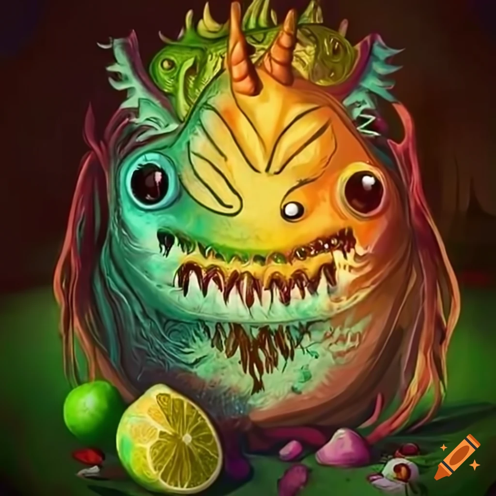 Mythical creatures and mutant omega mart lemon fruit monster in a ...