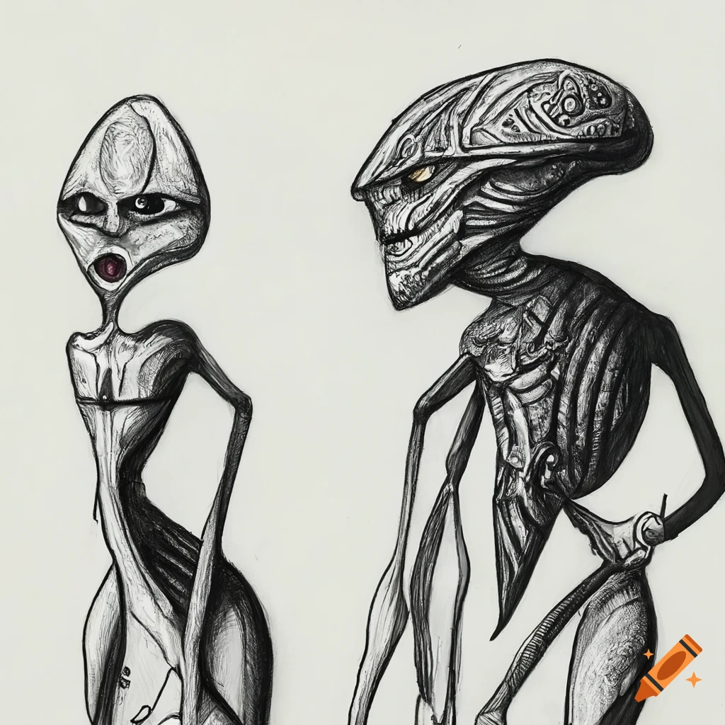 Surreal ink and pencil drawing of calm and approving alien guards on ...