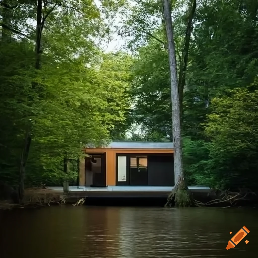 Modern style tourist house in the forest by the river on Craiyon