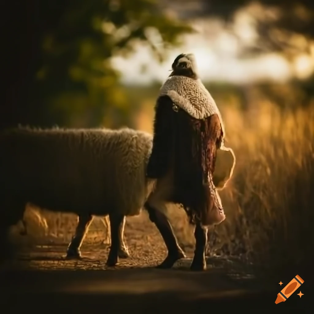 Shepherd leading a sheep on Craiyon
