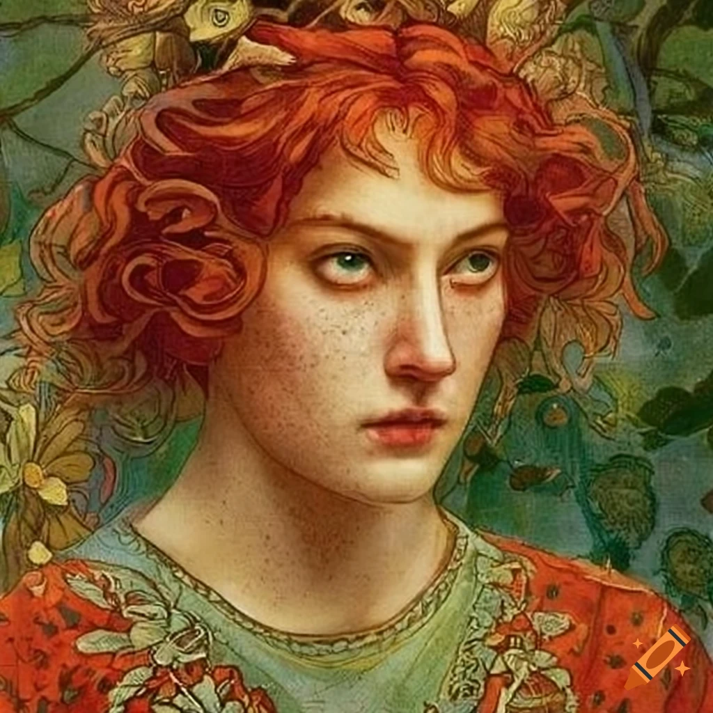 Enchanting prince with red hair and ornamental clothing in a garden ...