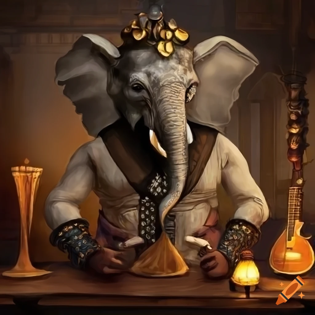 Elephant headed man in bardic clothes in a dim lit fantasy tavern ...