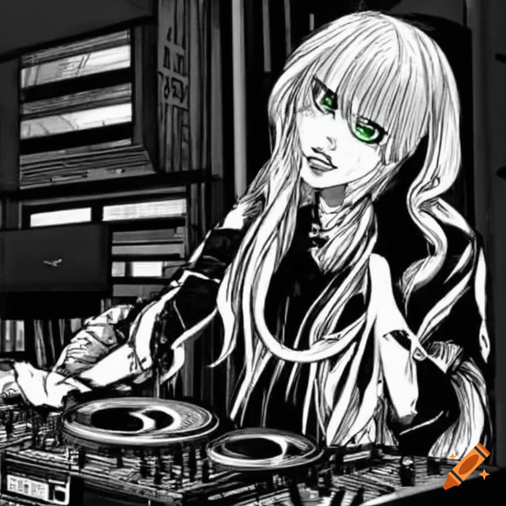 Techno dj portrayed in manga noir style on Craiyon