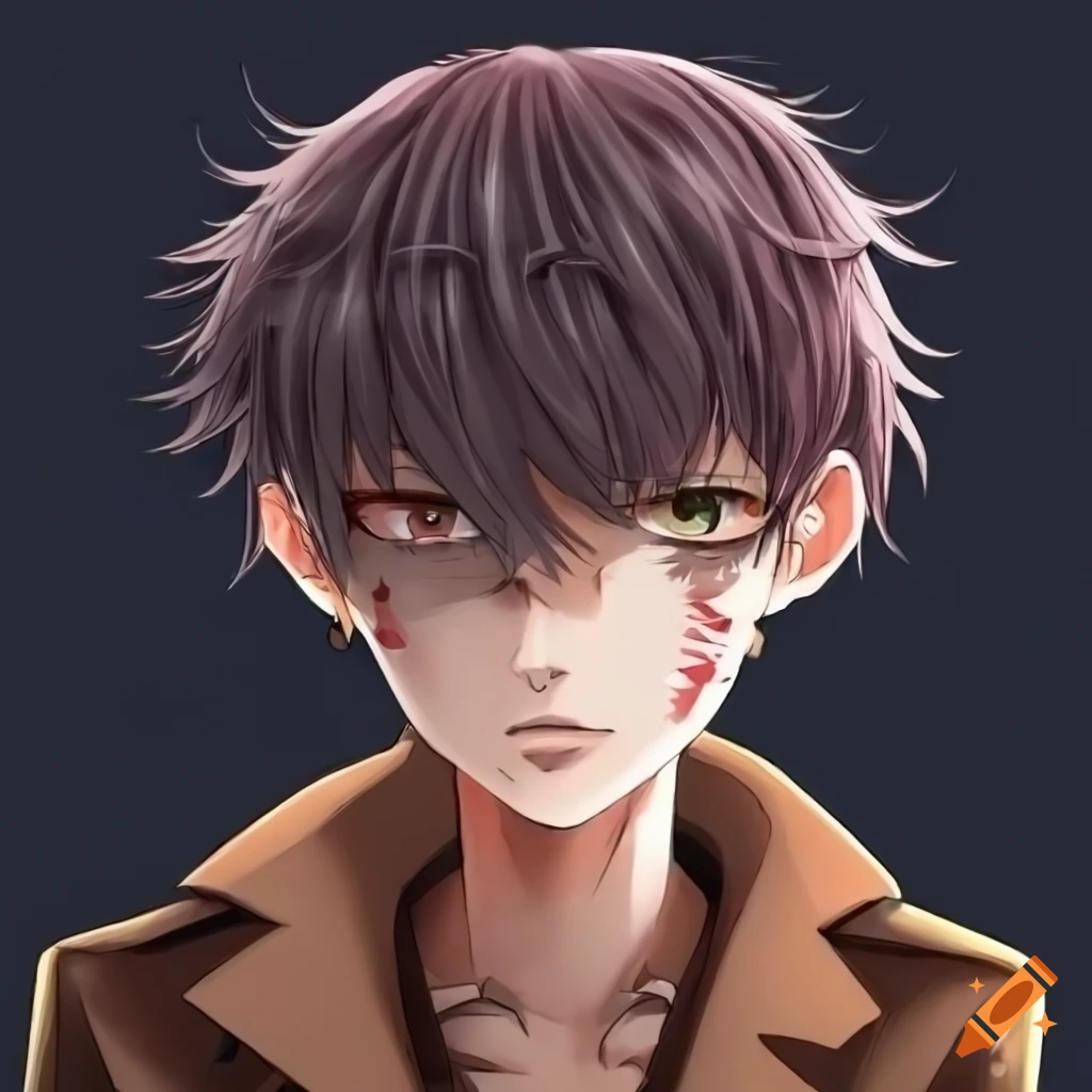 Young male anime character with a scar on his neck and wearing a coat ...