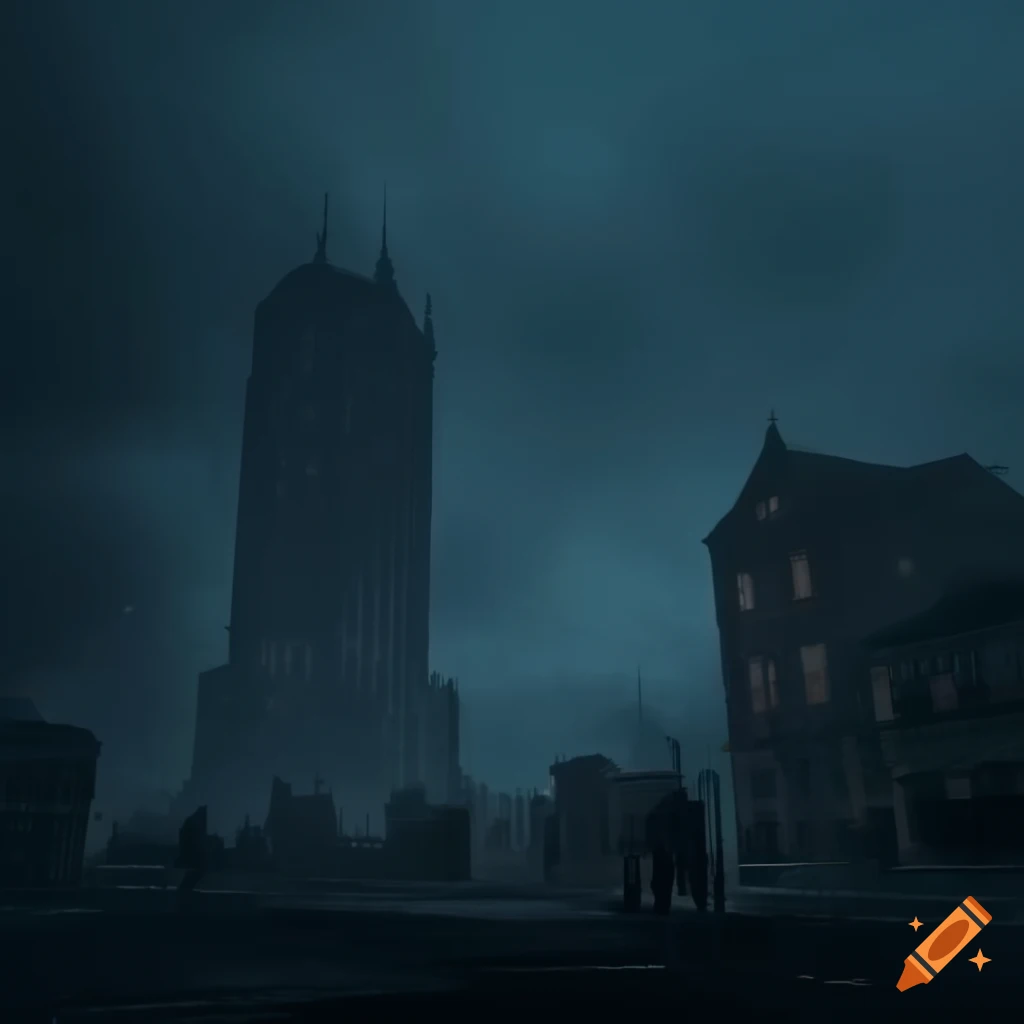 Giant tower rising through the clouds over an eastern european styled ...