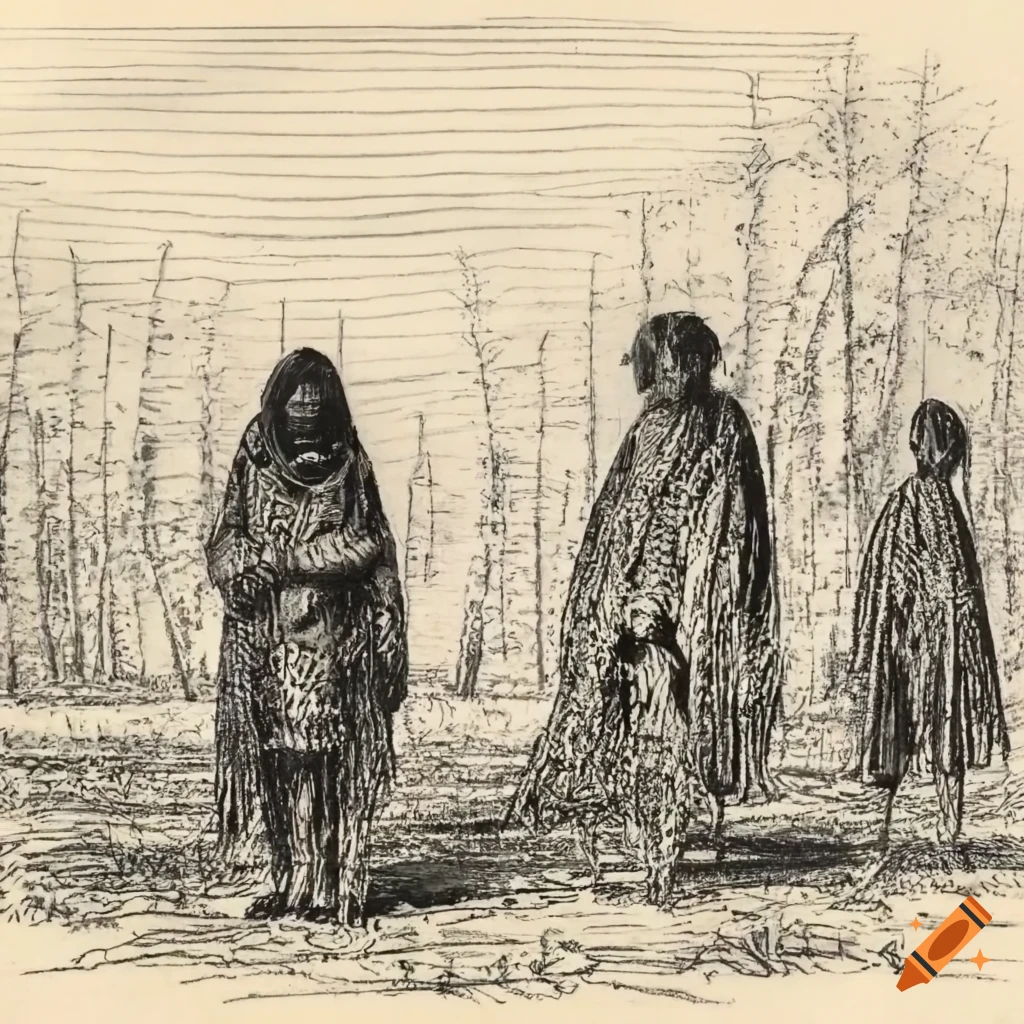 Vintage ink drawing of aboriginal people in fur cloaks in a grassland ...