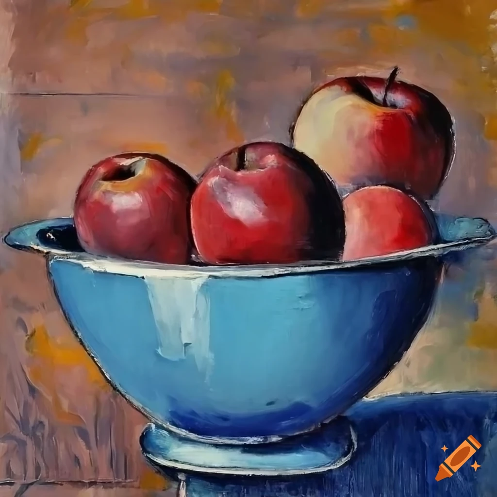 Modigliani oil painting of red apples in a blue colander on Craiyon