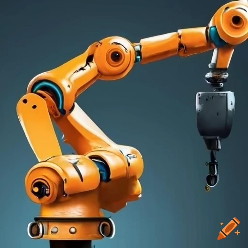 Happy industrial robot arm in hyperrealistic style on Craiyon