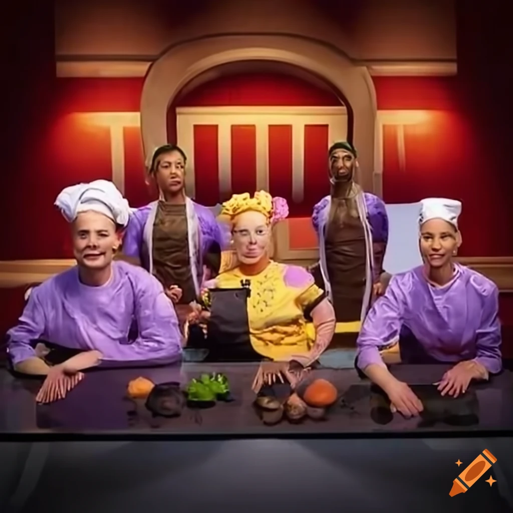 Reality TV cooking contest with actors in chef's clothes on stage on ...