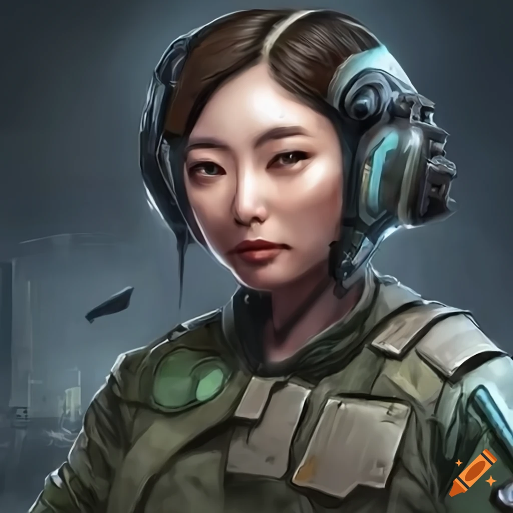 Asian female pilot in helmet in a science fiction setting on Craiyon