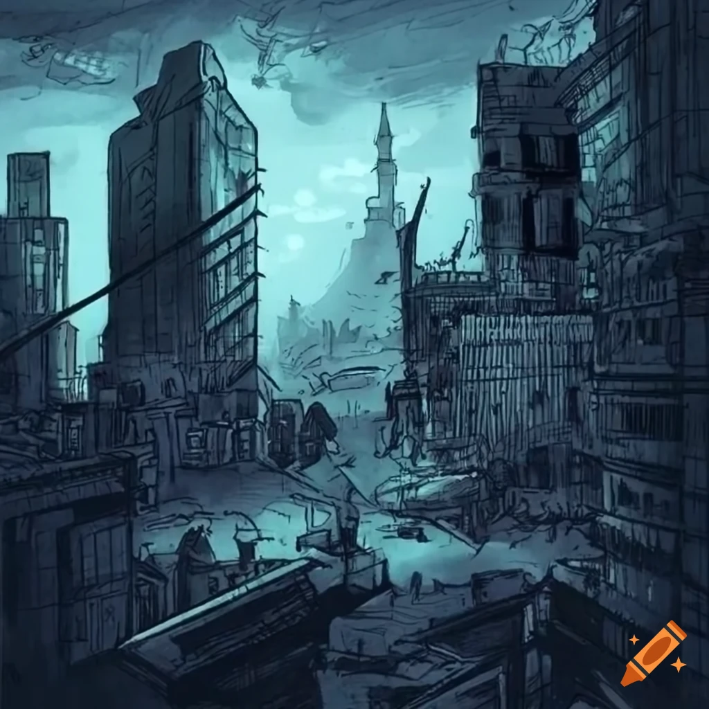 Apocalyptic city in comic book manga style on Craiyon