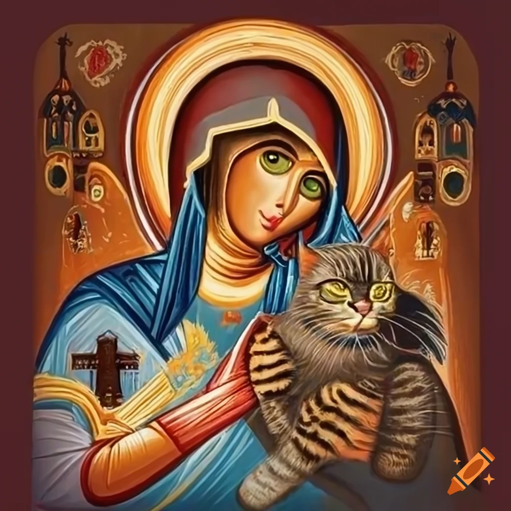 Mother cat with kitten depicted as orthodox church icon on Craiyon