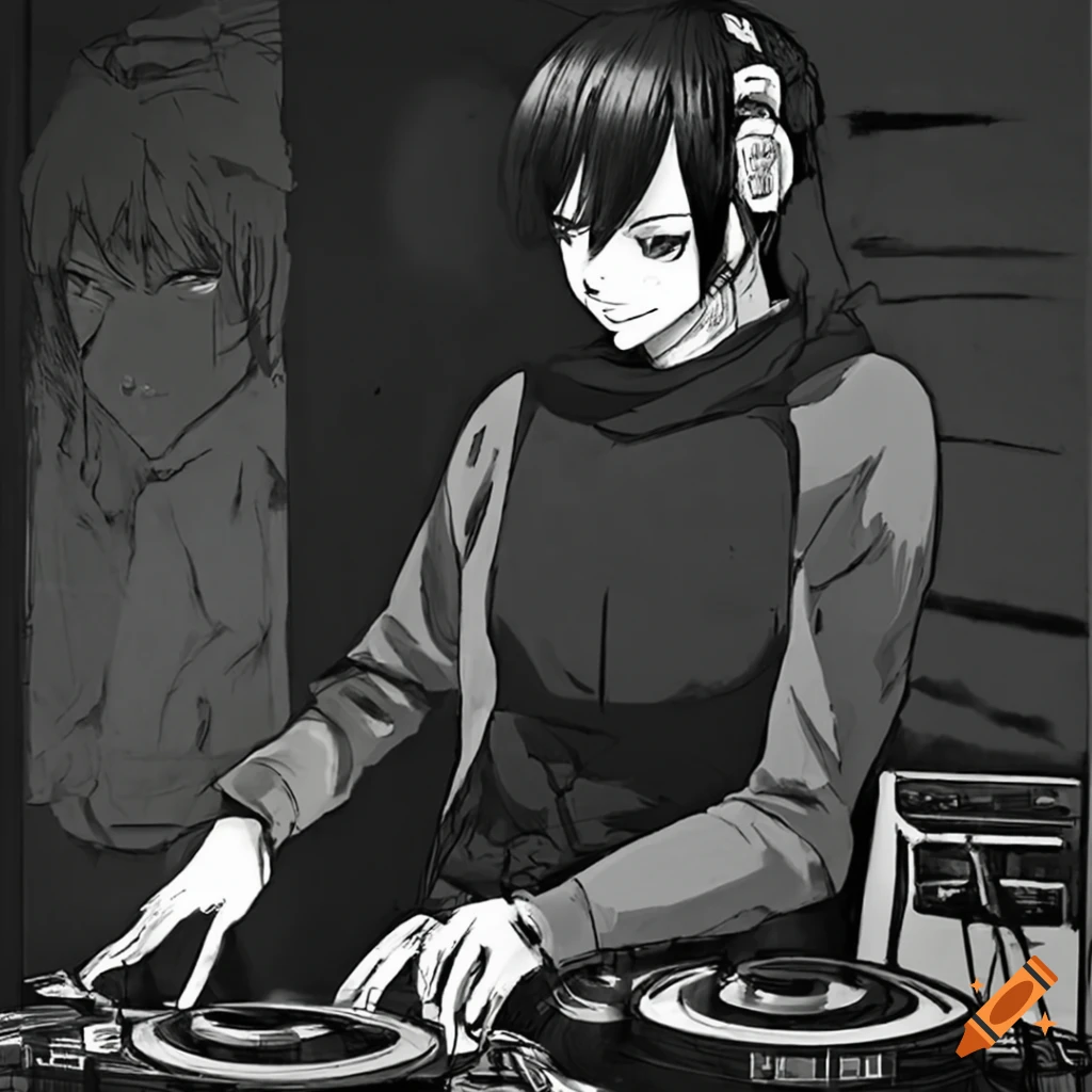 Manga noir depiction of a techno dj on Craiyon
