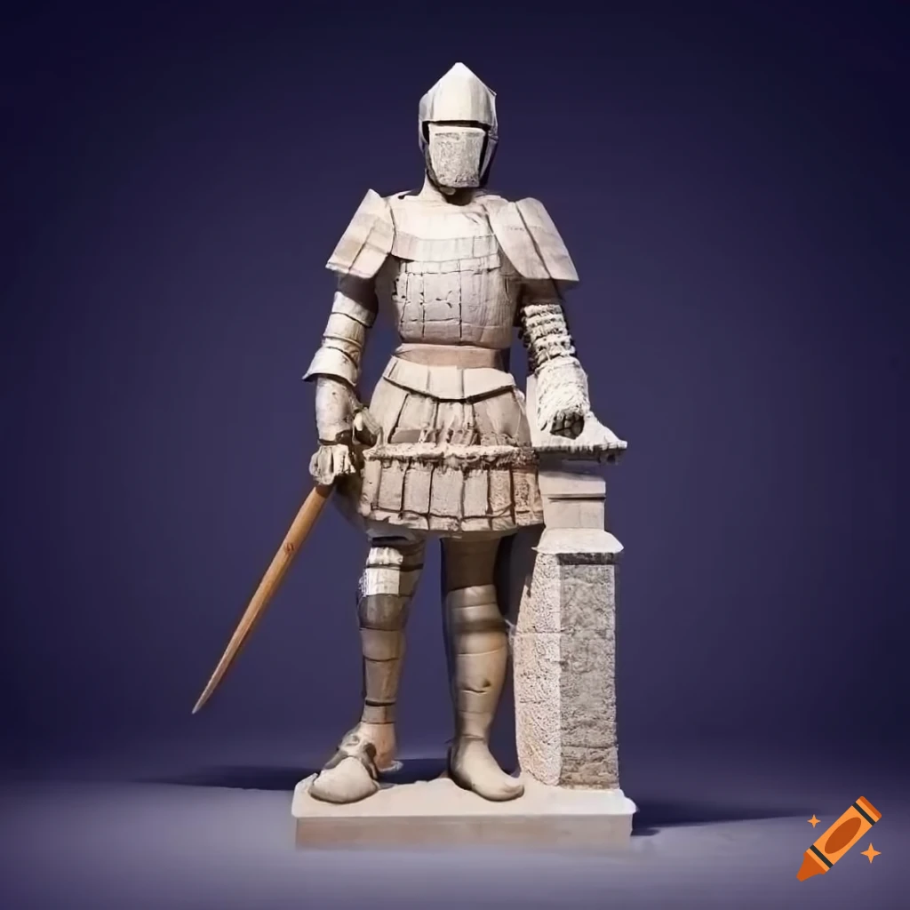 Wooden knight statue in a stone alcove on Craiyon