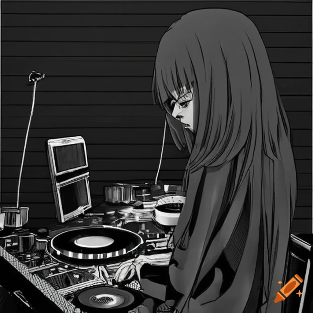 Manga noir depiction of a techno dj on Craiyon