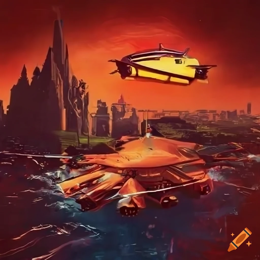 Propaganda-style artwork of flying cars and intergalactic communism on ...