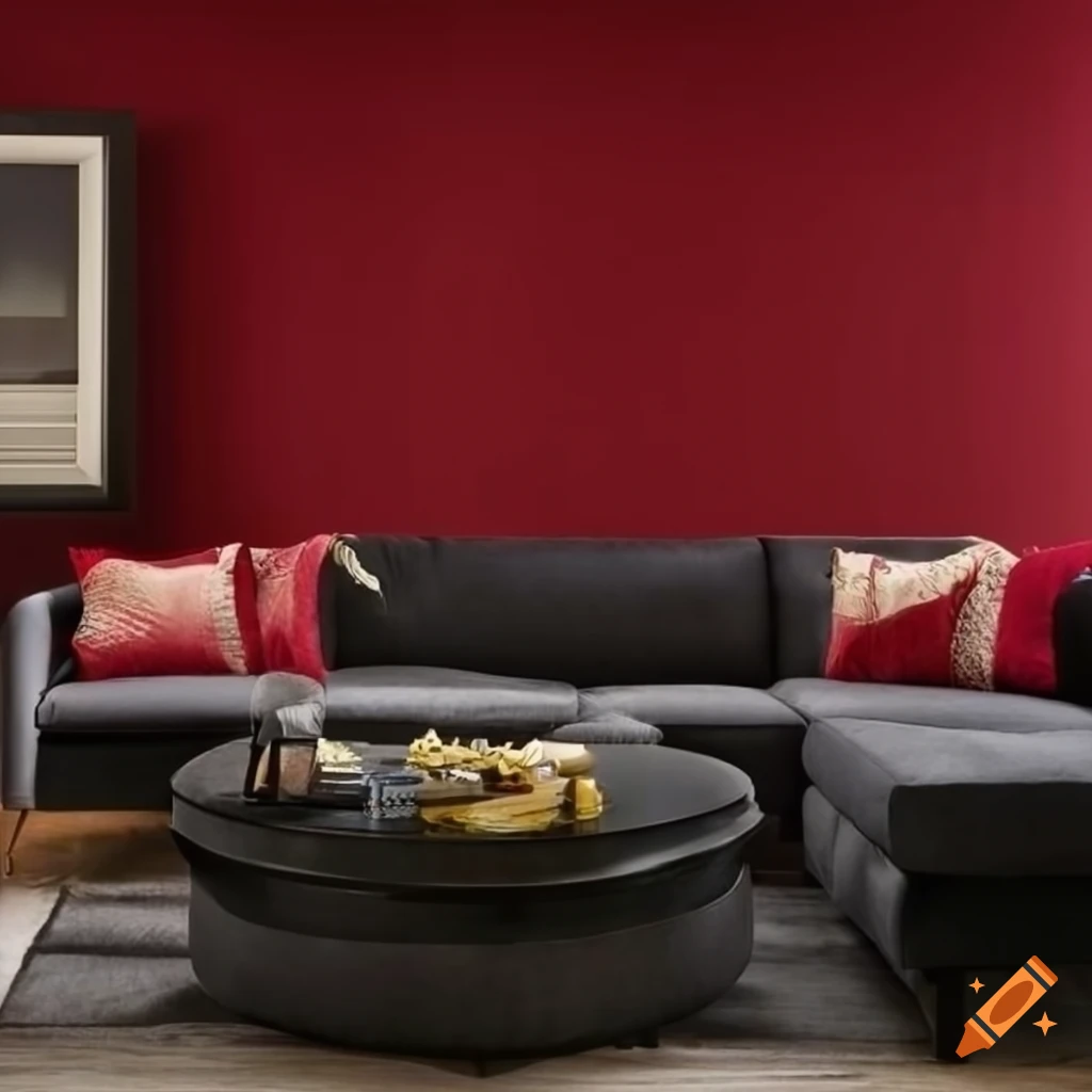 Modern living room with dark red walls, grey or black couch, and TV on ...