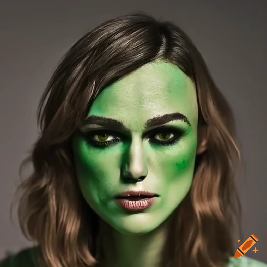 Keira Knightley with green face paint in a mischievous pose on Craiyon