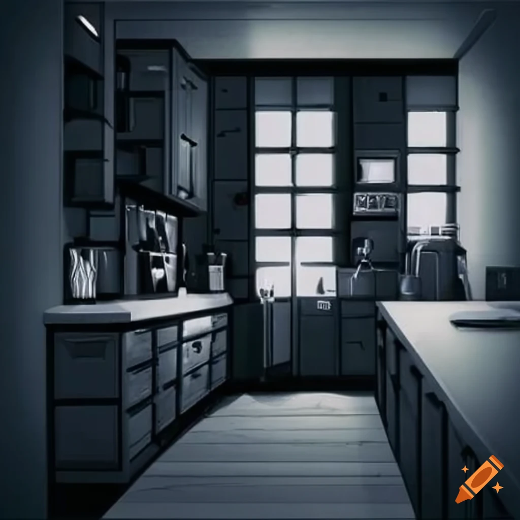 Small dorm kitchen with dark anime style on Craiyon