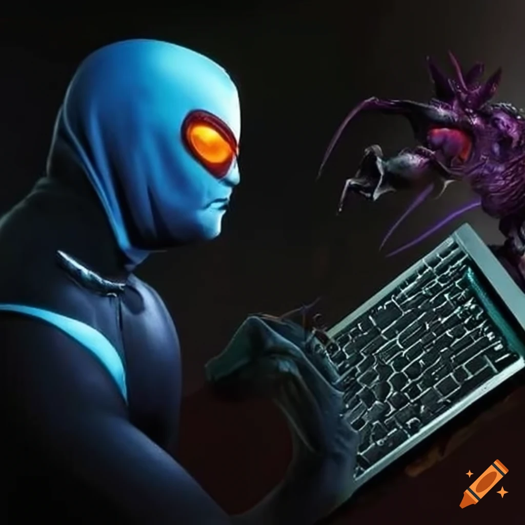 Hero battling insect inside computer on Craiyon