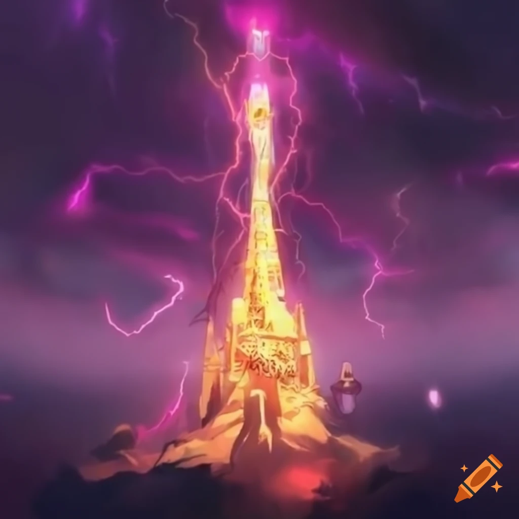 Anime tower surrounded by epic lightning aura on Craiyon