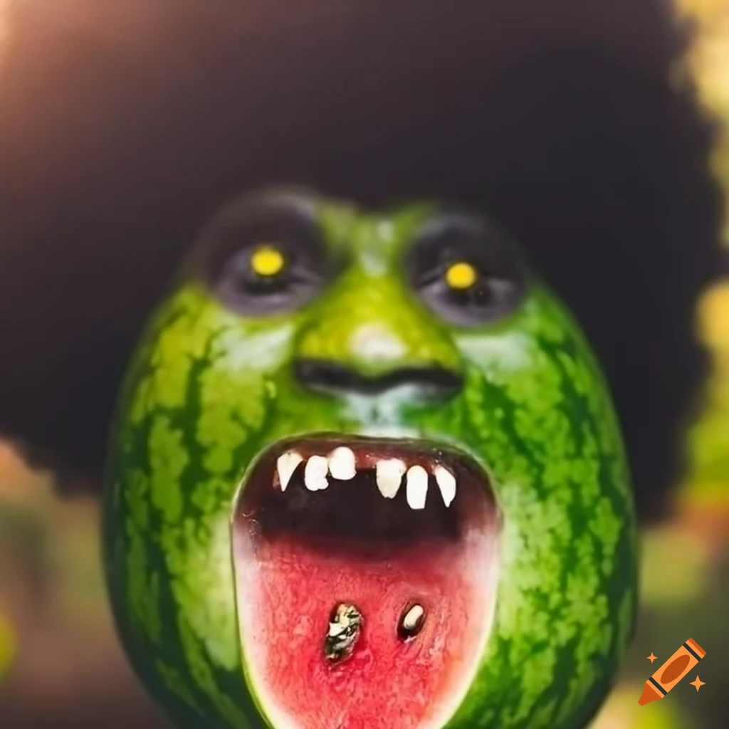 Angry watermelon with afro and gold teeth on Craiyon