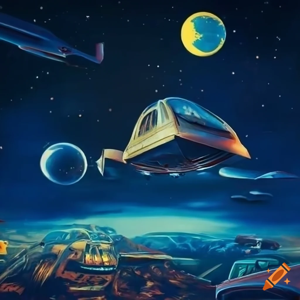 Propaganda-style artwork of flying cars and intergalactic communism on ...