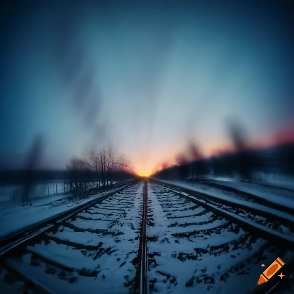 Fisheye view of a dark winter path with railway tracks in Russia on Craiyon
