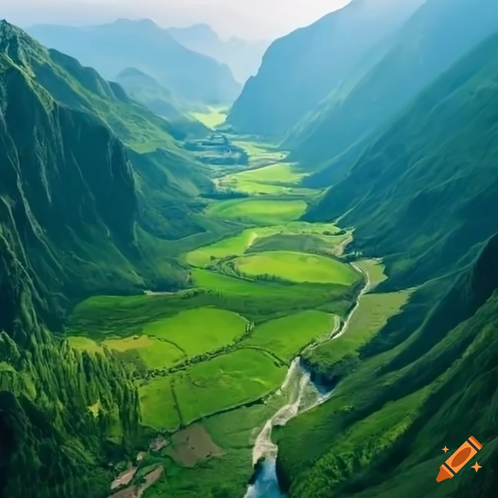 Bird's eye view of a lush green valley leading to a river and ocean on ...