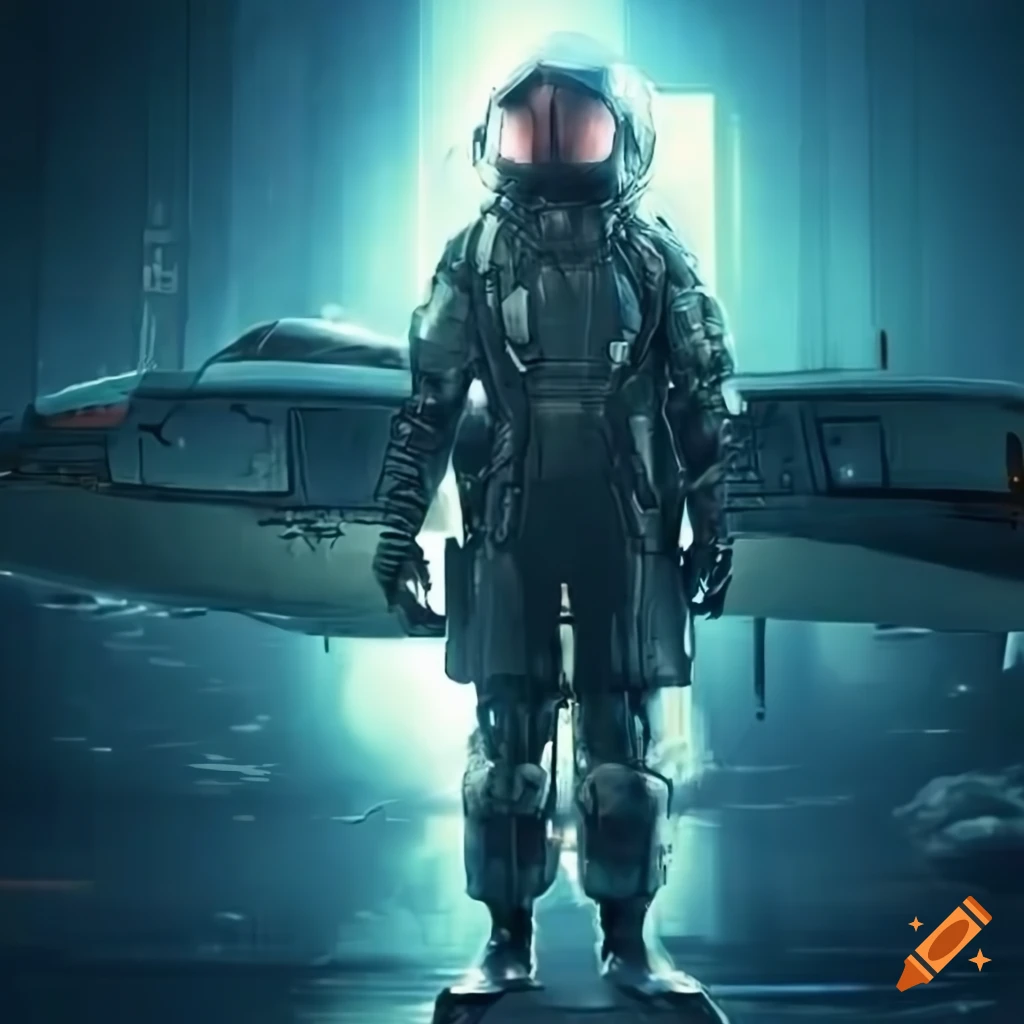 Sci-fi cyberpunk pilot standing in front of an aircraft on Craiyon