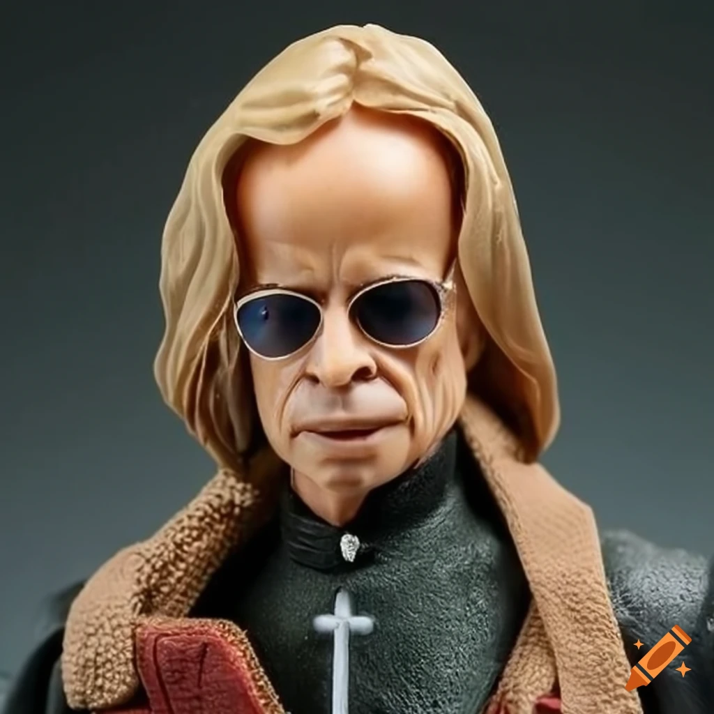 Klaus kinski action figure dressed as a priest with sunglasses on Craiyon