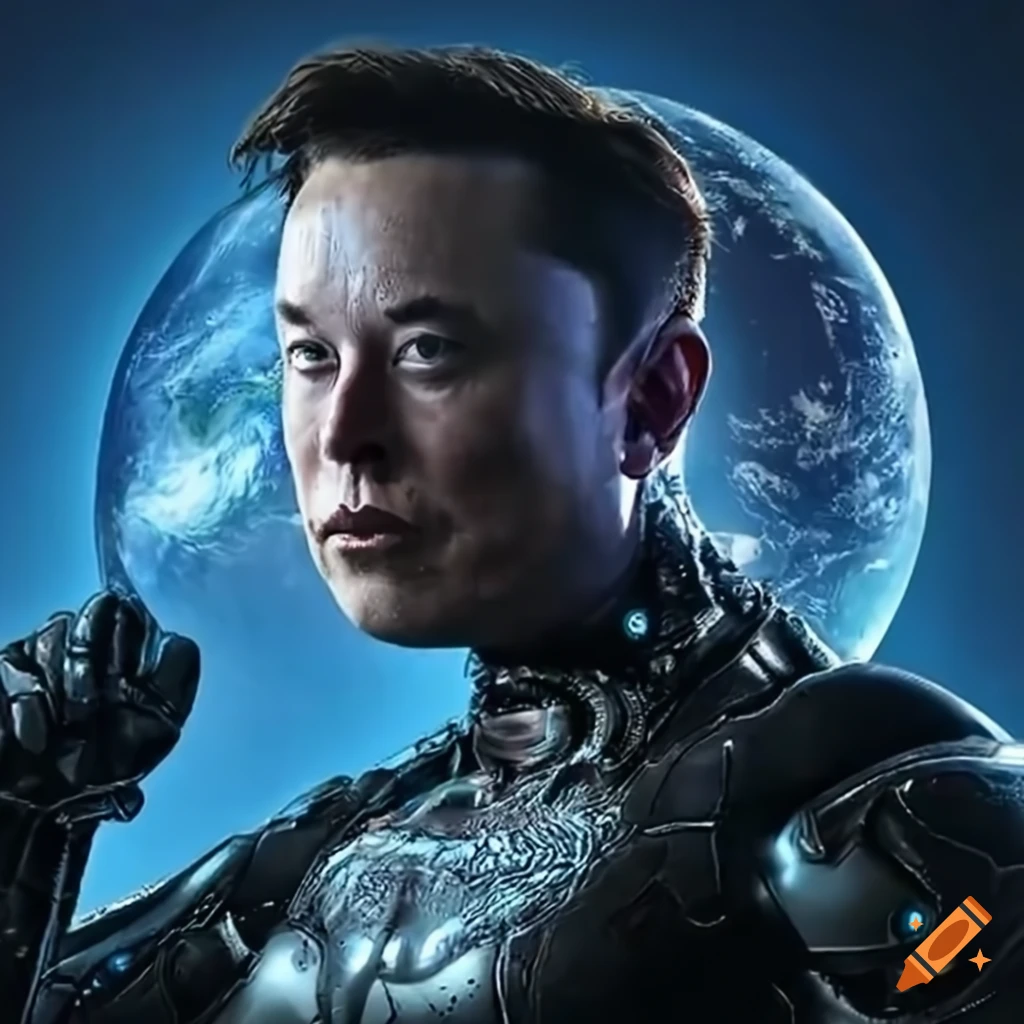 Illustration of a cyborg elon musk with earth in the background on Craiyon