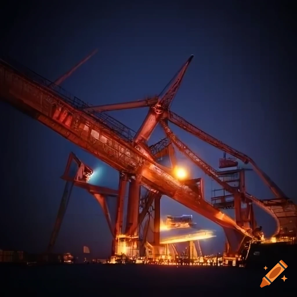 Futuristic industrial cranes at night from a worm's eye view on Craiyon
