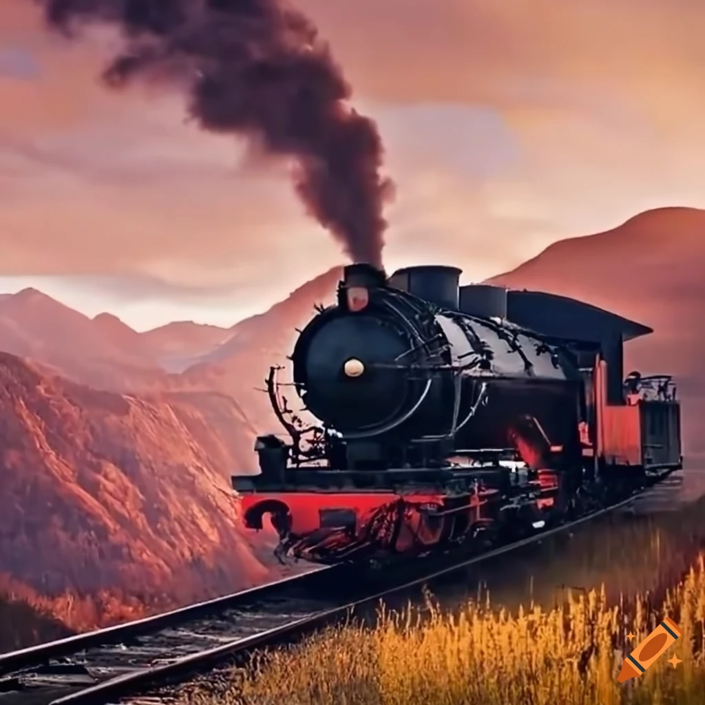 Powerful steam locomotive speeding through the mountains on Craiyon