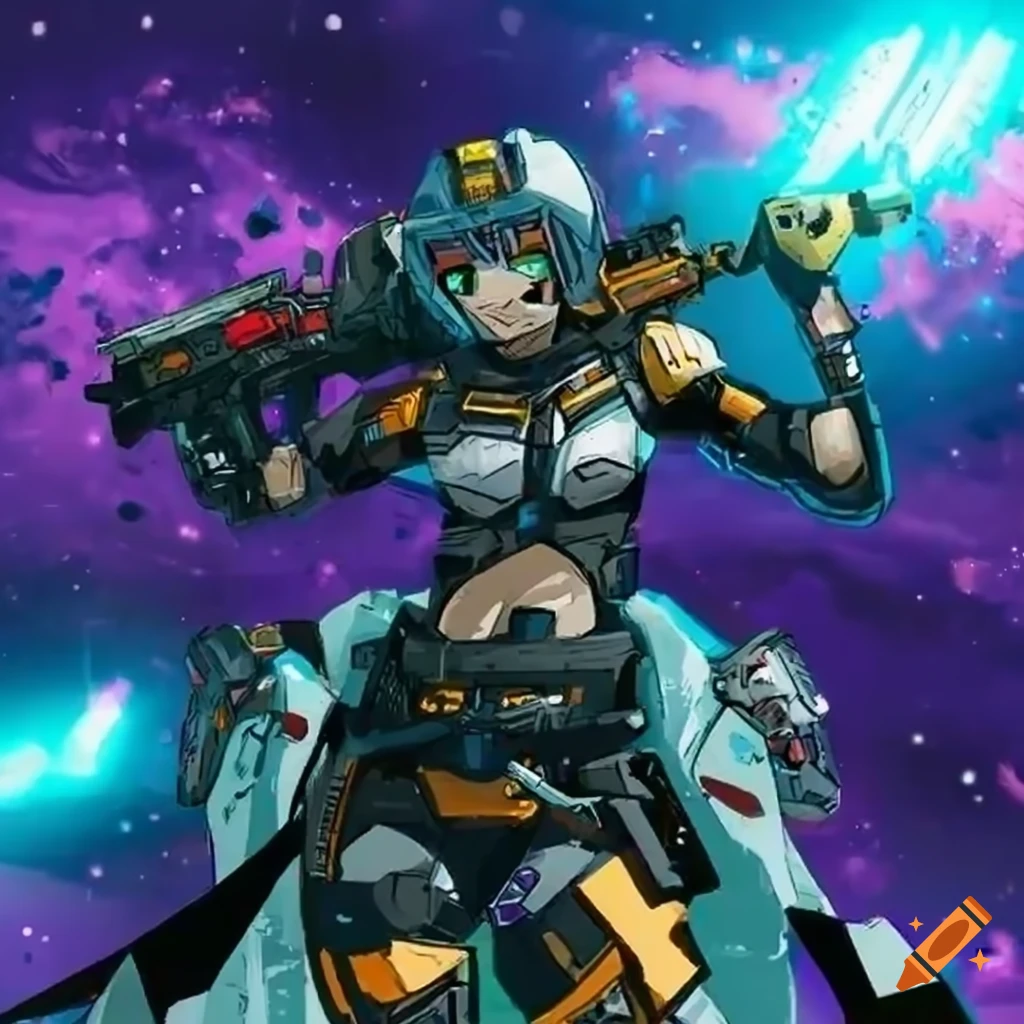 Stylish cyborg with heavy weapons in an apocalyptic anime world on Craiyon