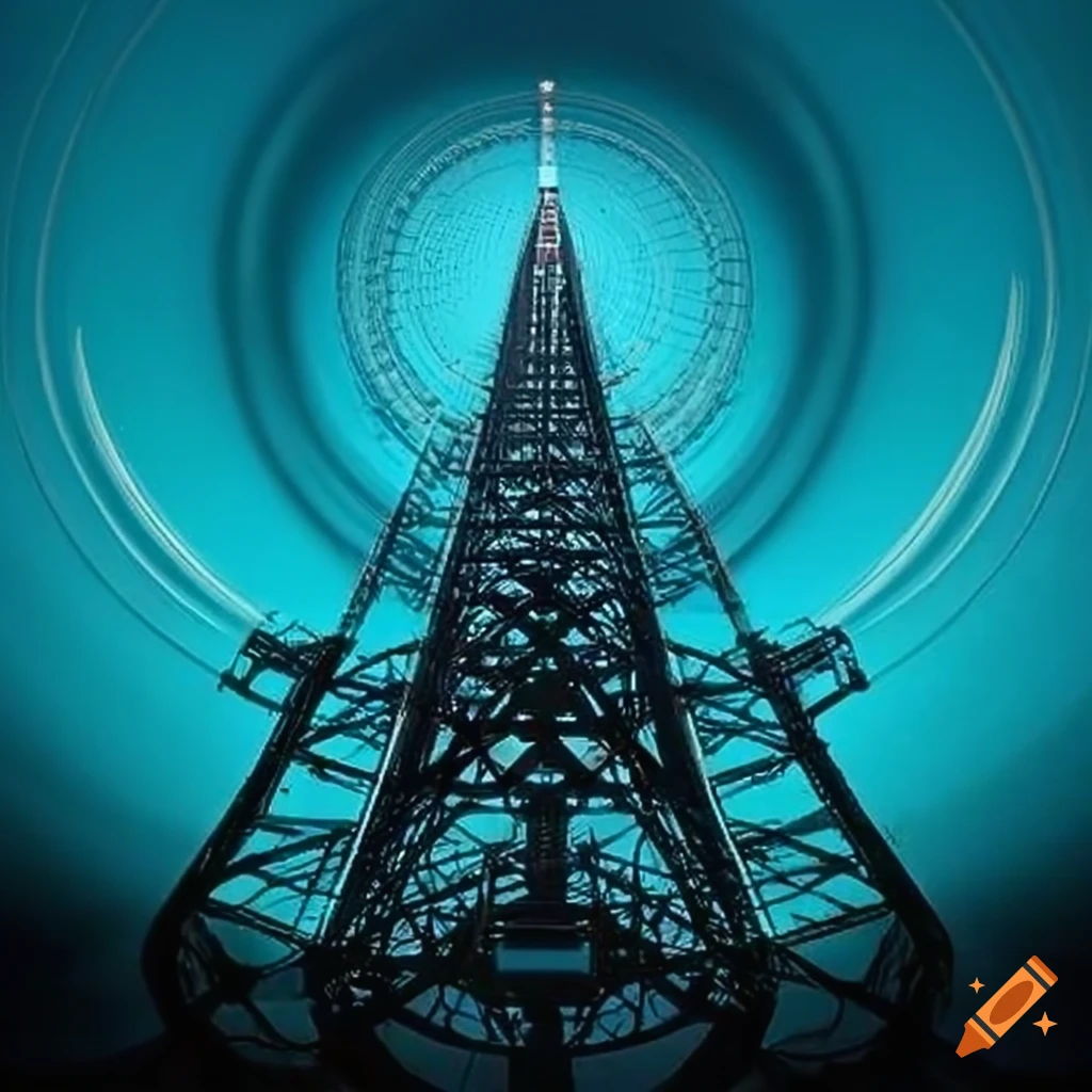Sci-fi radio tower emitting telecommunication waves on Craiyon