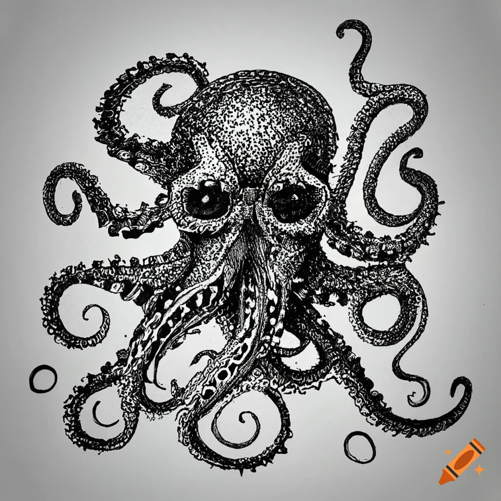Hydralisk skull octopus pen and ink black and white illustration on Craiyon