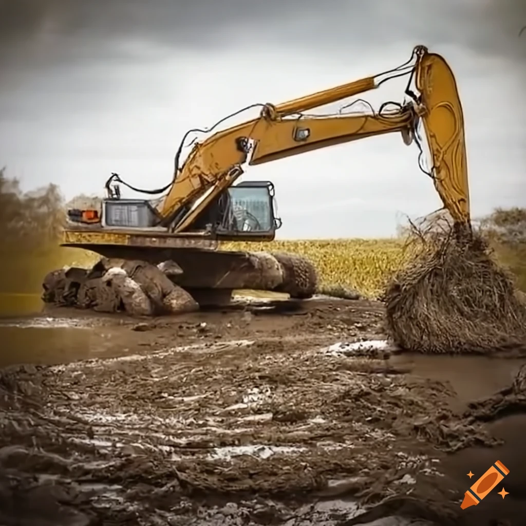 Landscape artist with straw feet in front of an excavator on Craiyon