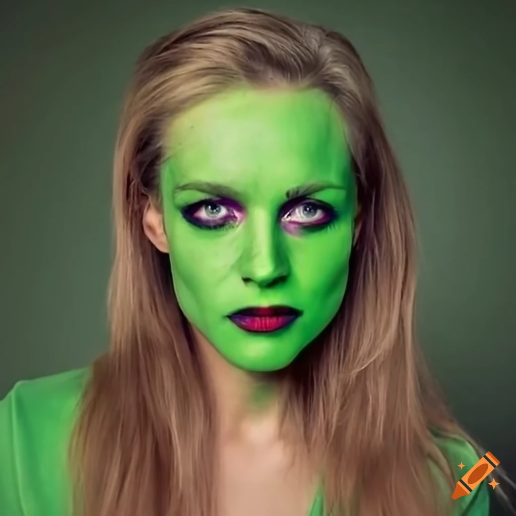 Actress Lisa McCune portraying 'The Mask' with green face paint on Craiyon