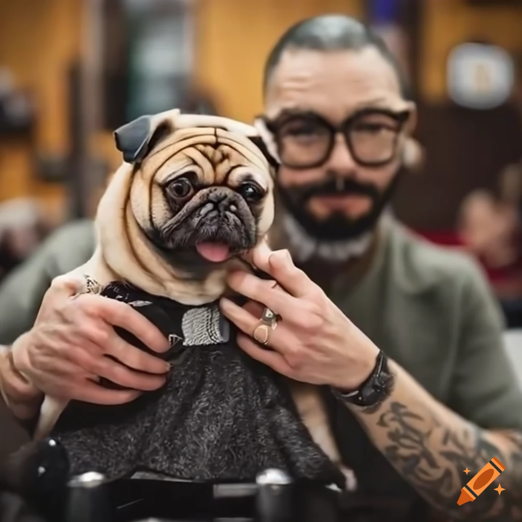 Adorable pug getting a haircut at the barber's shop on Craiyon