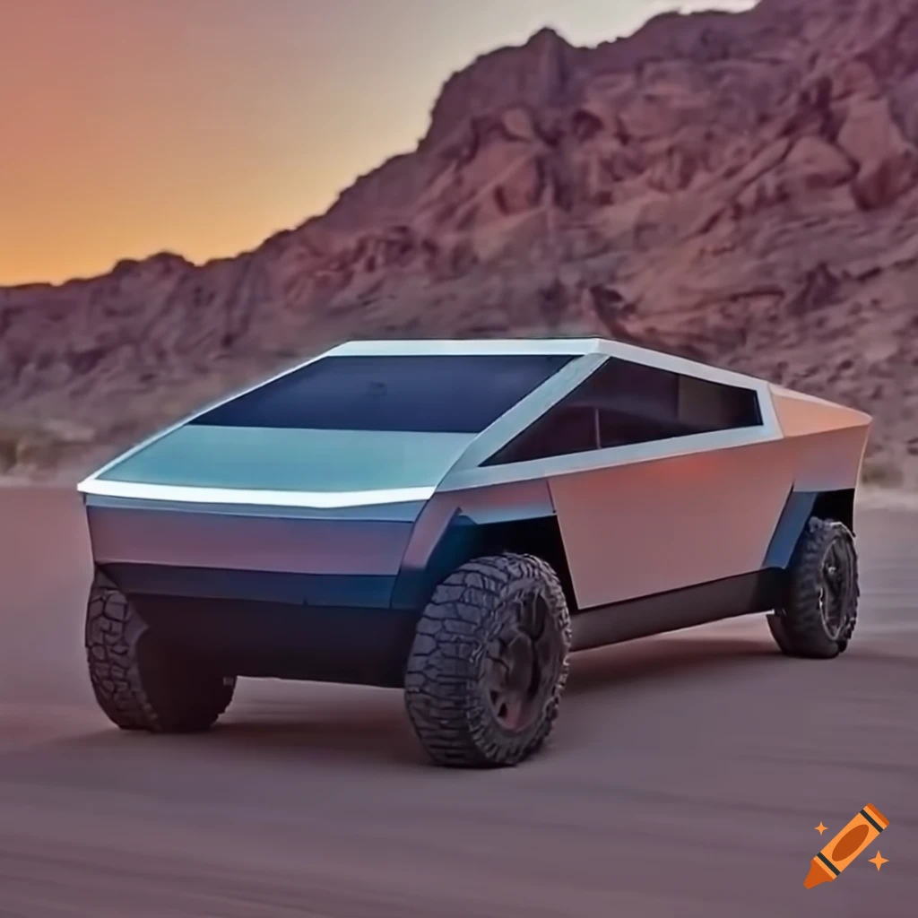 Tesla Cybertruck racing in the Mojave Desert on Craiyon