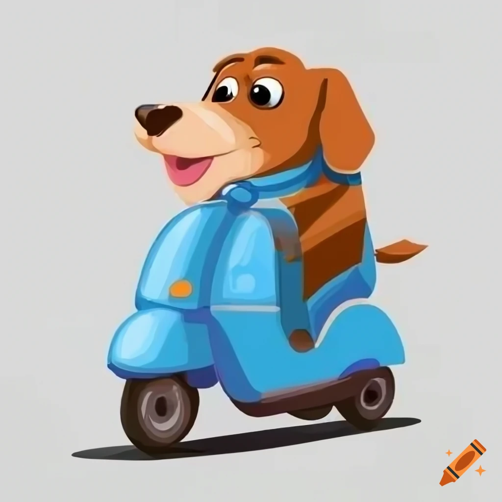 Cartoon dog riding a motor scooter with a scarf on Craiyon