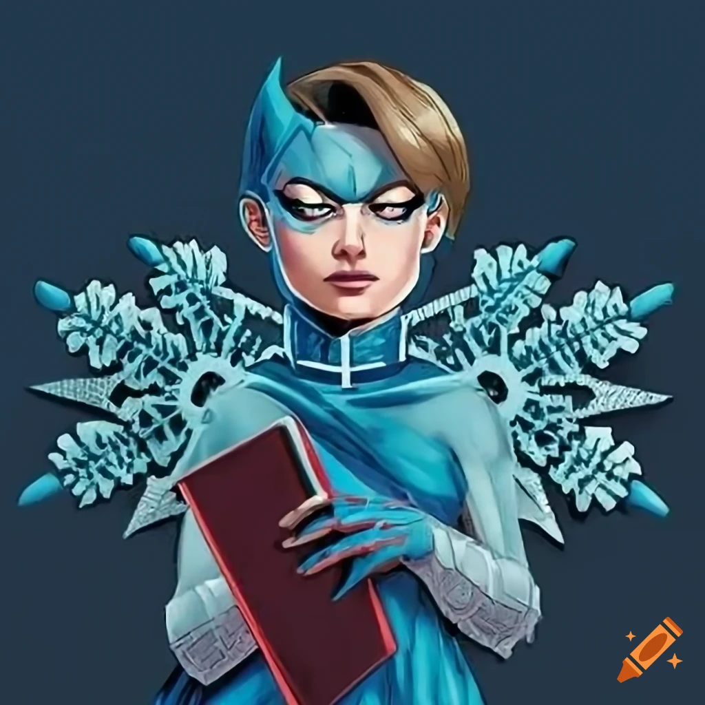 Superhero with a book and snowflake crest on Craiyon