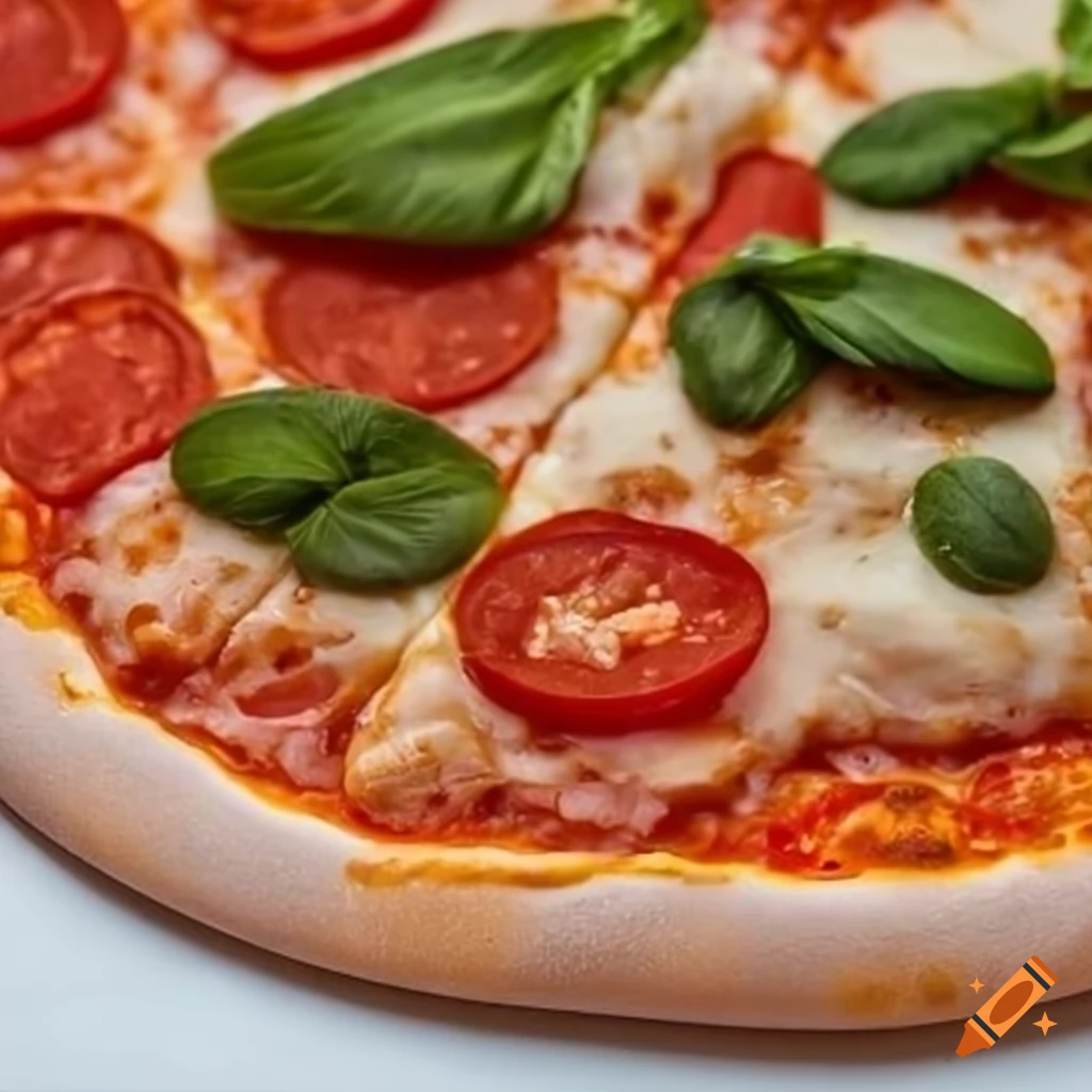 Delicious, detailed and realistic pizza on a white table on Craiyon