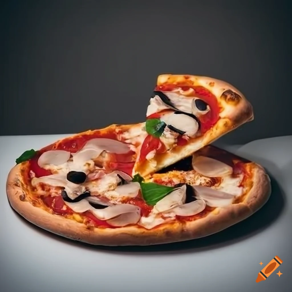 Delicious, detailed and realistic pizza on a white table on Craiyon