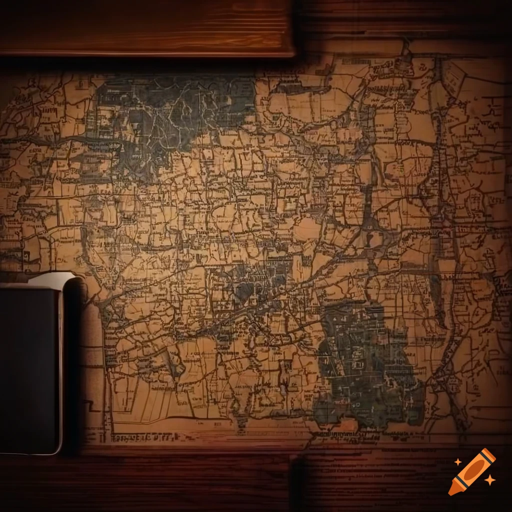 Top view of an old desk with a large district map on Craiyon