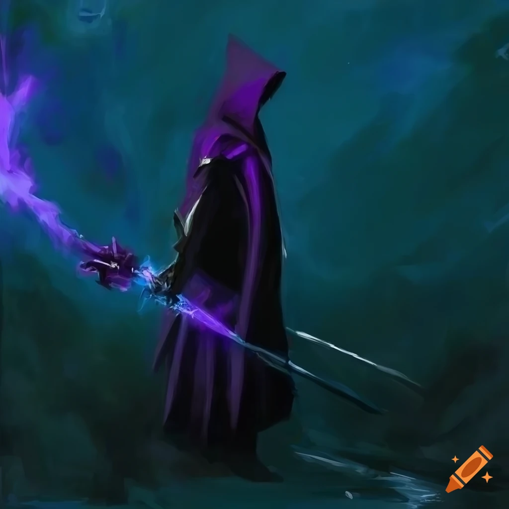 Mage in purple robes and black armor captured in a warp storm, monet style on Craiyon